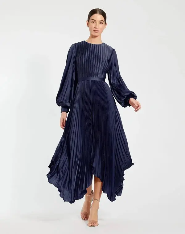 Mac Duggal Long Sleeve Pleated Charmeuse Handkerchief Dress - Navy