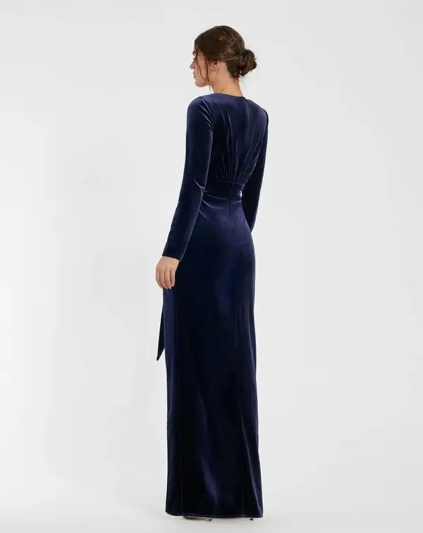 Mac Duggal Ruched Velvet Column Evening Gown - Blue