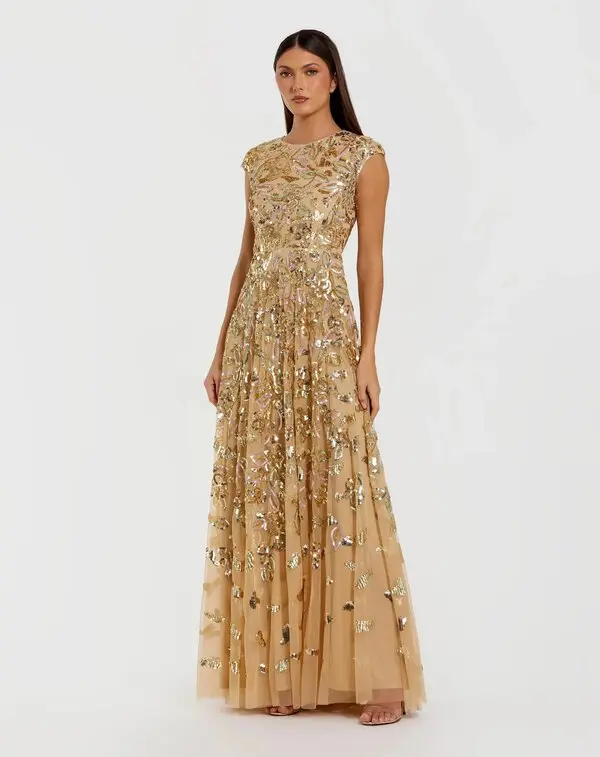 Mac Duggal Sequin Embellished High Neck A-line Gown - Gold