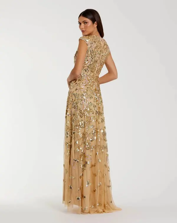 Mac Duggal Sequin Embellished High Neck A-line Gown - Gold