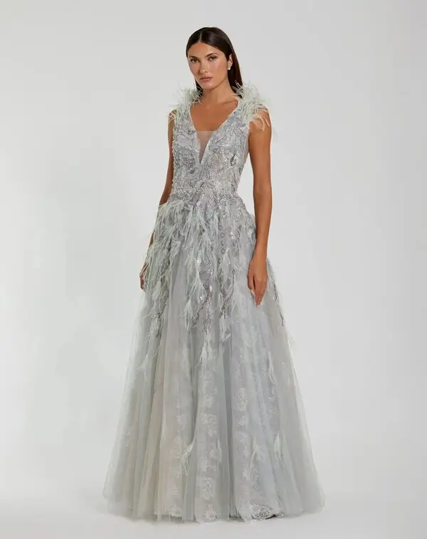 Mac Duggal Embellished Feathered A-line Gown