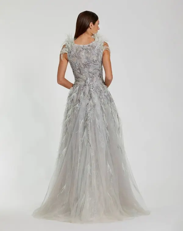 Mac Duggal Embellished Feathered A-line Gown