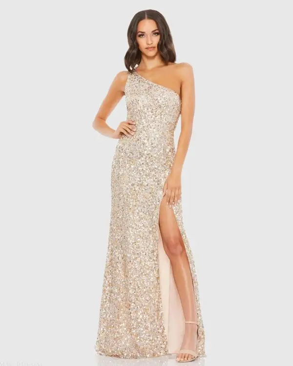 Mac Duggal Sequin One-shoulder Gown With Slit - Neutral