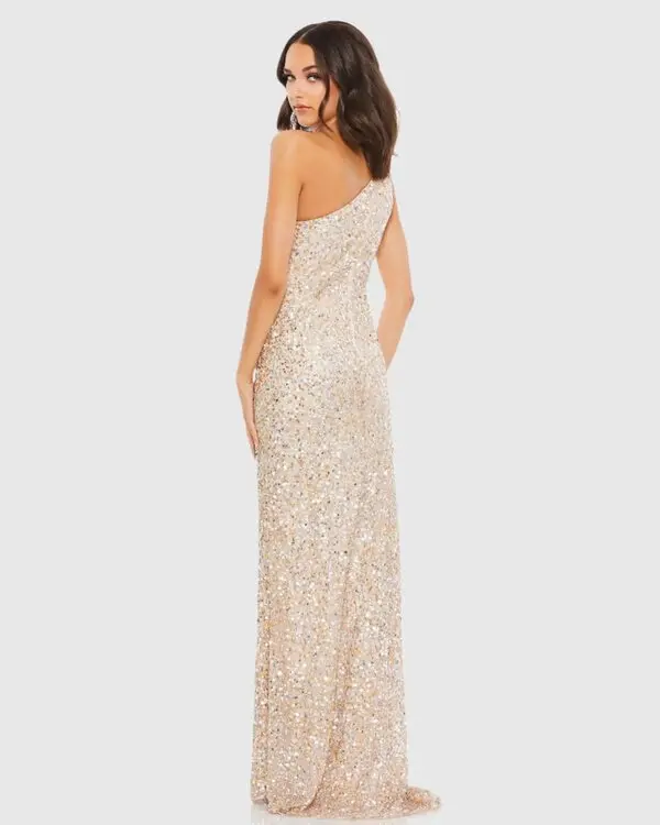 Mac Duggal Sequin One-shoulder Gown With Slit - Neutral