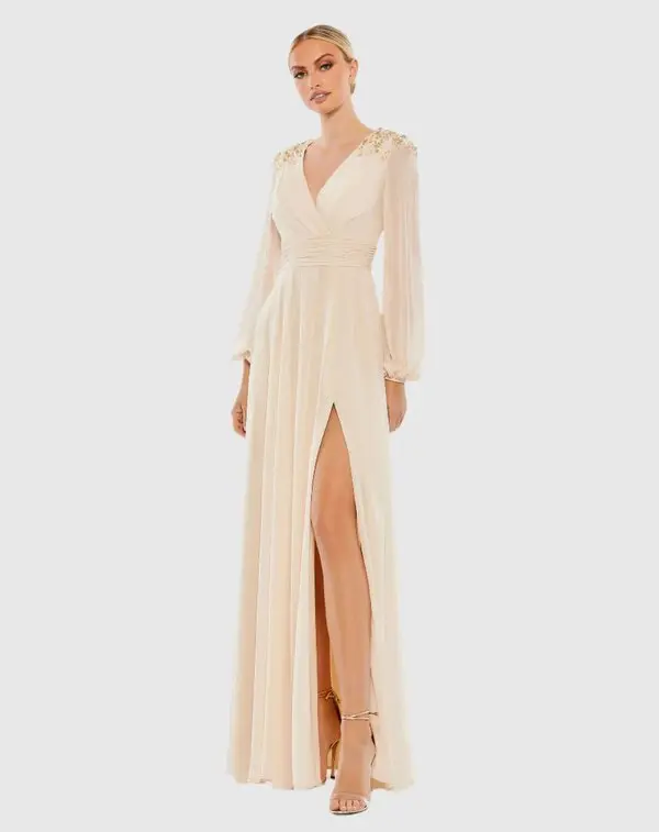 Mac Duggal Embellished Shoulder Blouson Sleeve Evening Gown - Neutral |  Editorialist