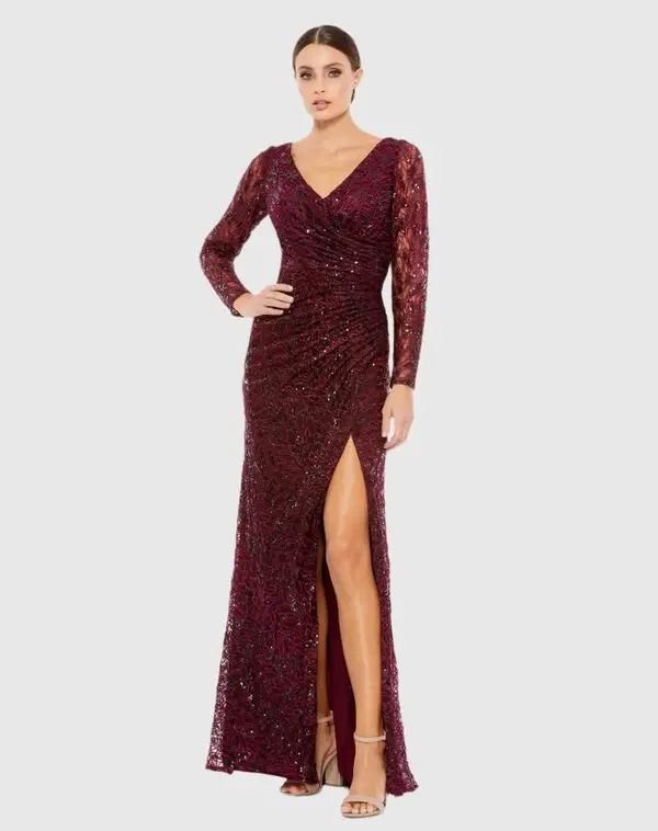 Mac Duggal Sequined Lace Long-sleeve Evening Gown
