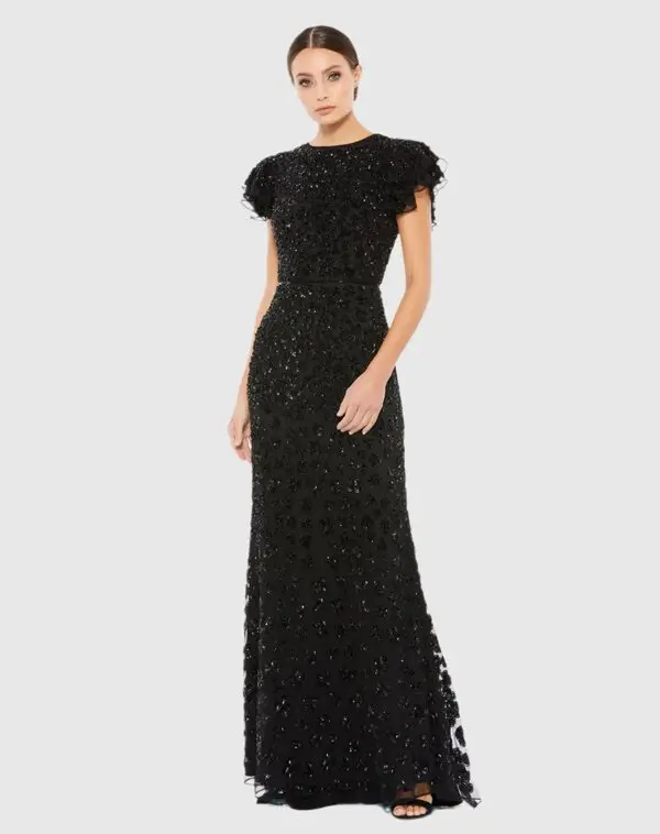 Mac Duggal High Neck Flutter Cap Sleeve Gown