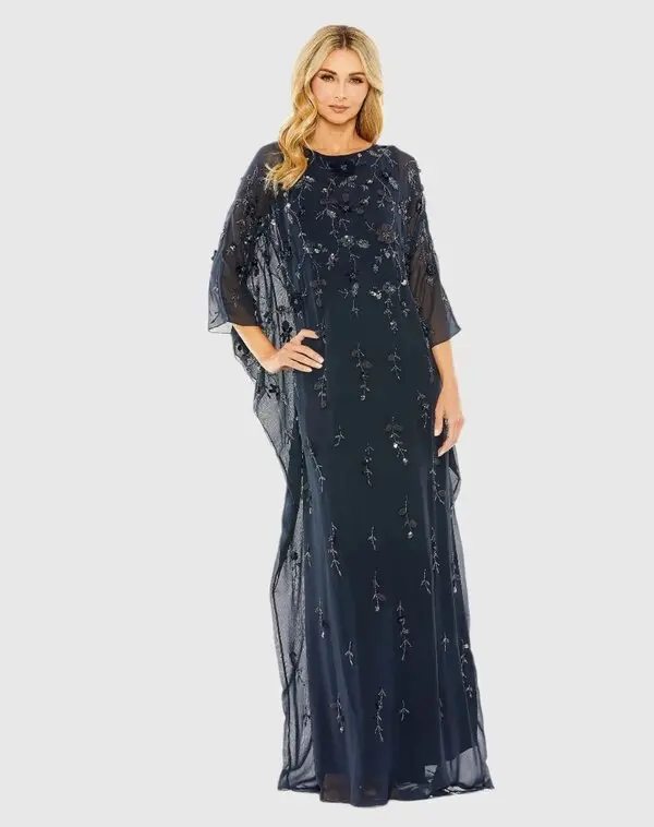 Mac Duggal Embellished Floral Kaftan Gown - Navy