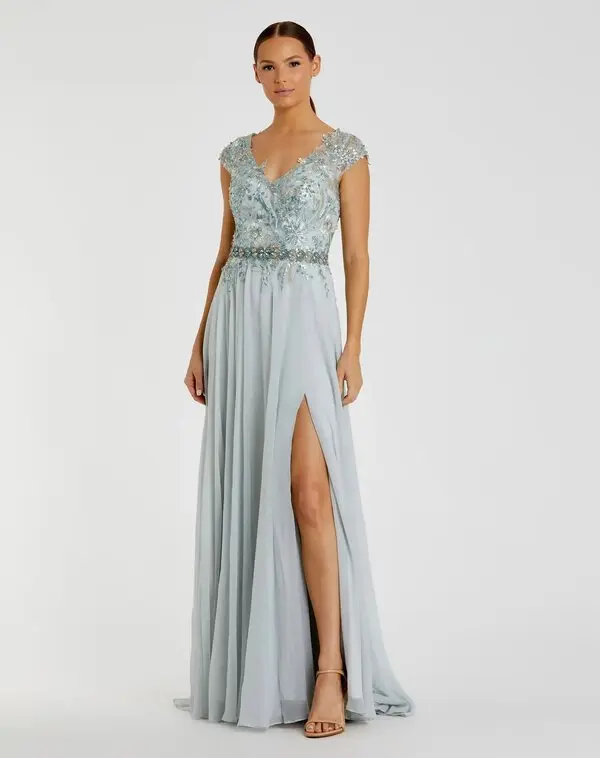 Mac Duggal Embellished Cap Sleeve A-line Gown - Blue