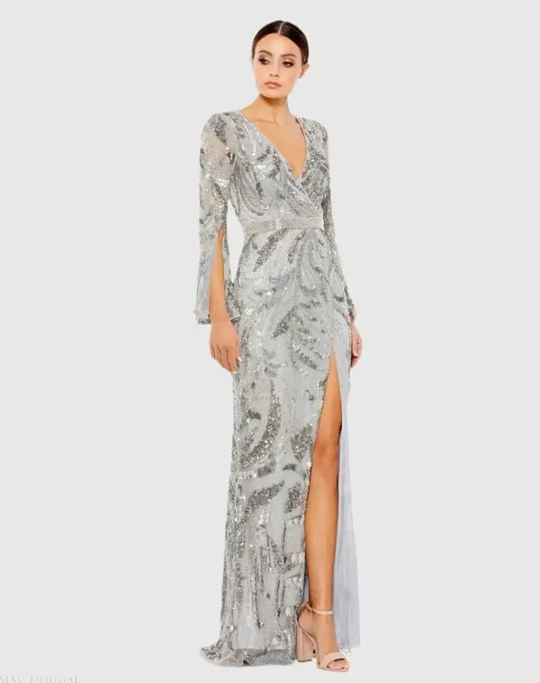 Mac Duggal Sequin Embellished Faux Wrap Gown With Split Sleeves