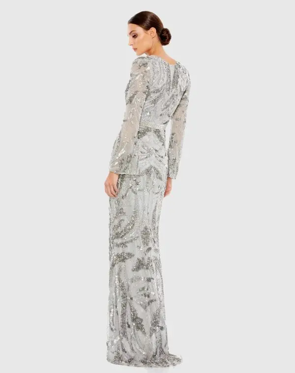 Mac Duggal Sequin Embellished Faux Wrap Gown With Split Sleeves