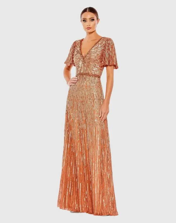Mac Duggal Embellished V-neck Butterfly Sleeve Gown - Orange