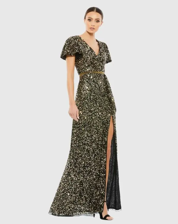 Mac Duggal Sequin Butterfly Sleeve Draped Gown - Black