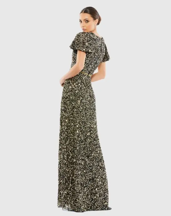 Mac Duggal Sequin Butterfly Sleeve Draped Gown - Black