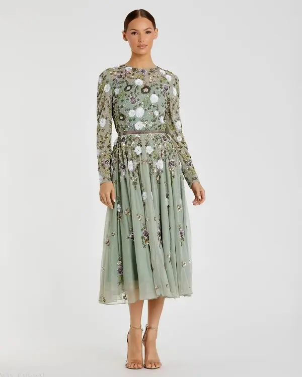 chinese dress ladies Mac Duggal - Green Hand Embellished Long Sleeve Gown main image 1