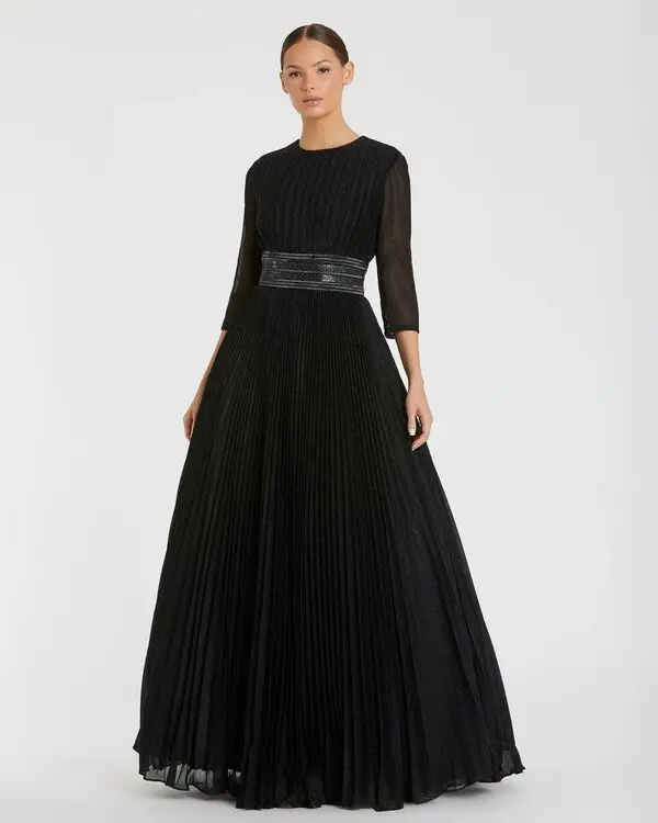 Mac Duggal Shimmering Pleated Ball Gown With 3/4 Sleeves