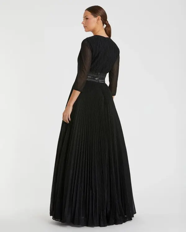 Mac Duggal Shimmering Pleated Ball Gown With 3/4 Sleeves