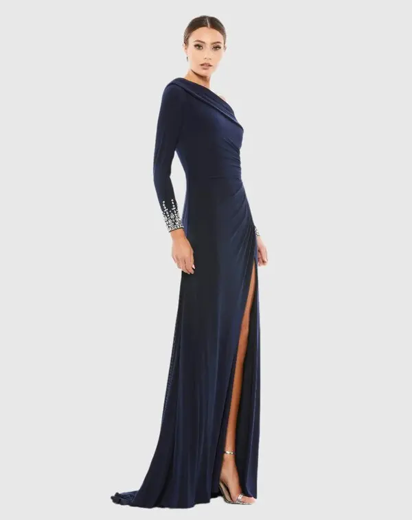 Mac Duggal Beaded Cuff Drop Shoulder Faux Wrap Gown - Navy