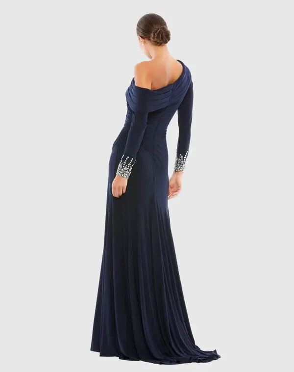 Mac Duggal Beaded Cuff Drop Shoulder Faux Wrap Gown - Navy