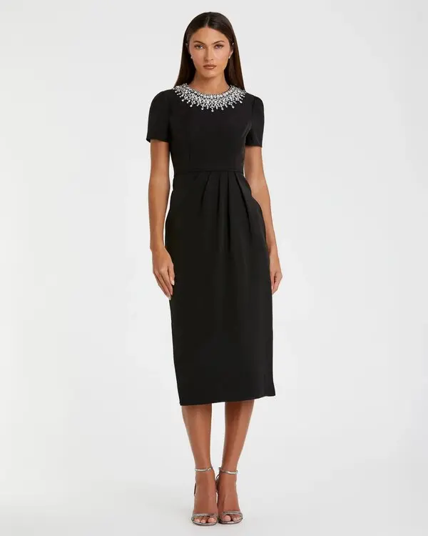 Mac Duggal Short Sleeve Midi Dress With Rhinestone Embellished Neckline - Black