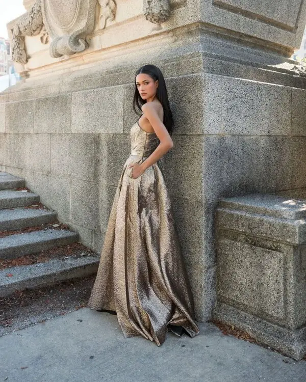 Mac Duggal Metallic Brocade One-Shoulder Ball Gown - Gold | Editorialist