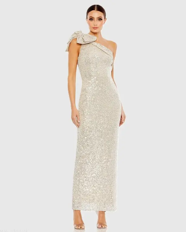 Mac Duggal Sequin Bow One-shoulder Gown - Neutral