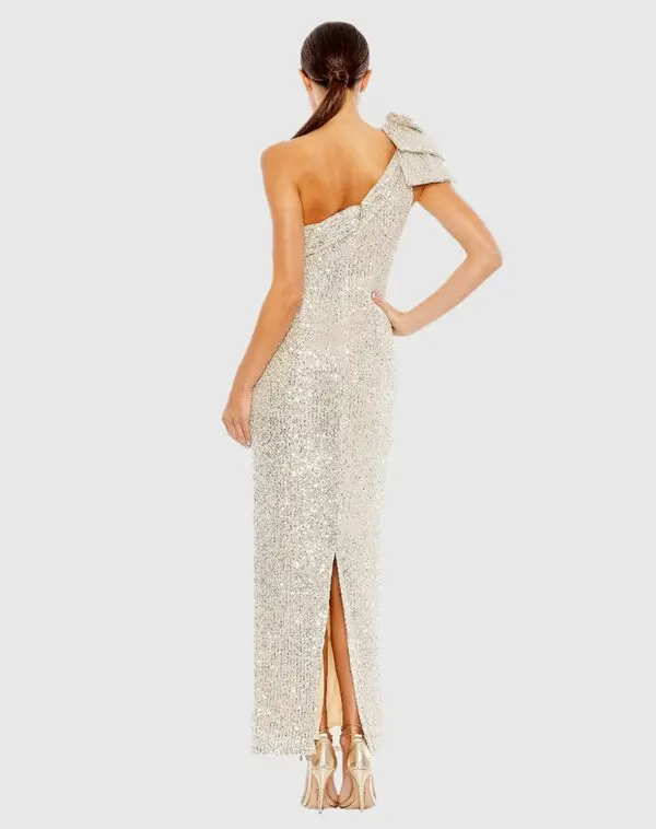 Mac Duggal Sequin Bow One-shoulder Gown - Neutral