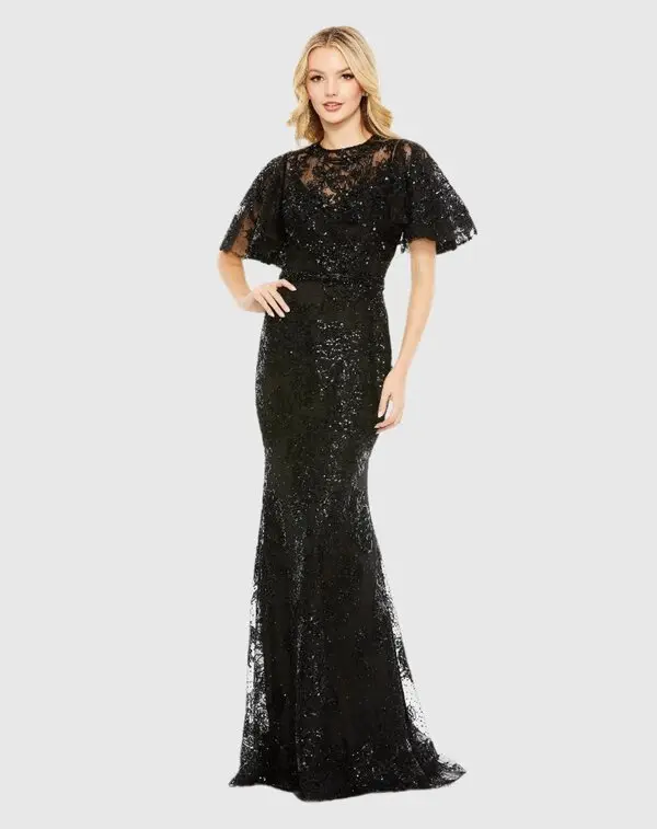 Mac Duggal Hand-embellished Beaded Lace Gown With Cape Sleeves