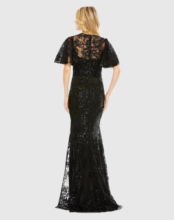 Mac Duggal Hand-embellished Beaded Lace Gown With Cape Sleeves
