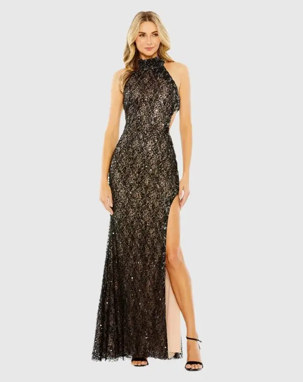 Mac Duggal Sequin Gown With High Neck And Side Cut-outs