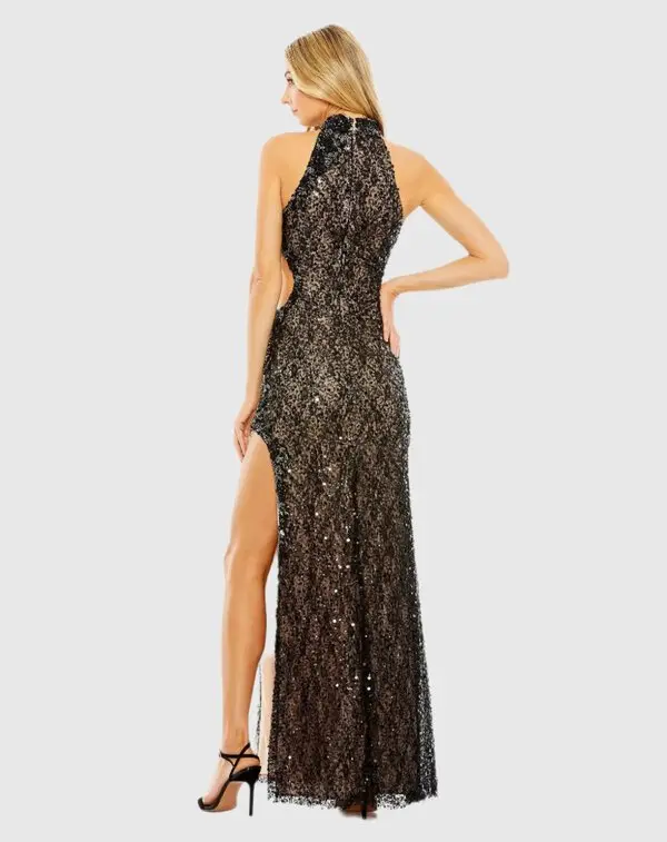 Mac Duggal Sequin Gown With High Neck And Side Cut-outs