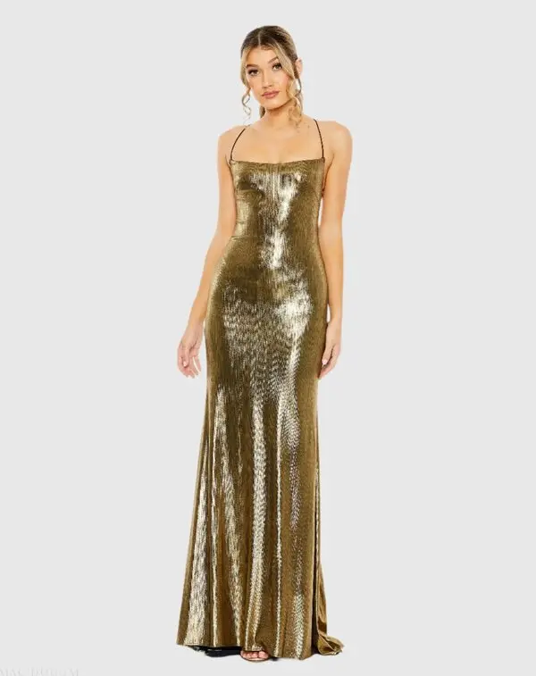 Mac Duggal Metallic Corset Back Column Gown - Gold