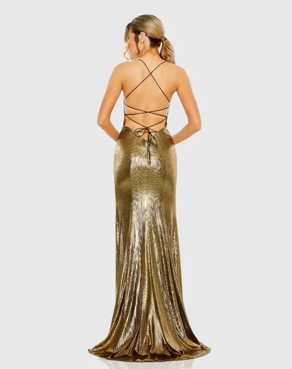 Mac Duggal Metallic Corset Back Column Gown - Gold