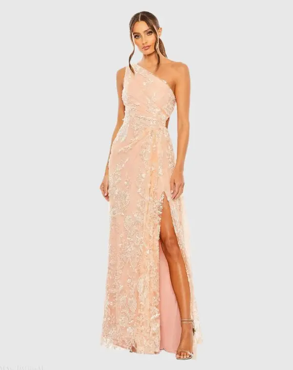 Mac Duggal One-shoulder Embellished Lace Gown With Cut Out - Pink