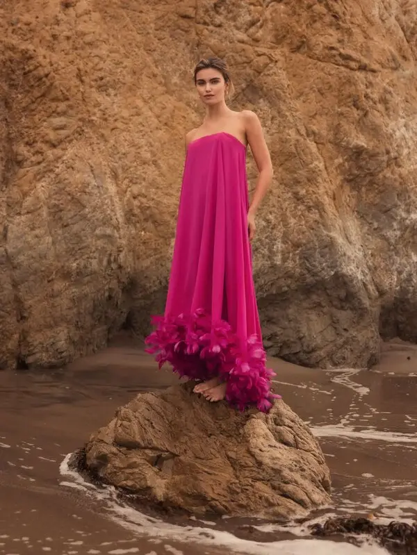 Mac Duggal Strapless Feather Hem Gown - Pink