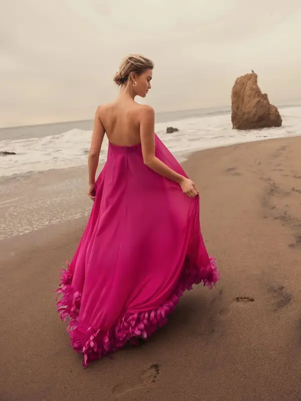 Mac Duggal Strapless Feather Hem Gown - Pink