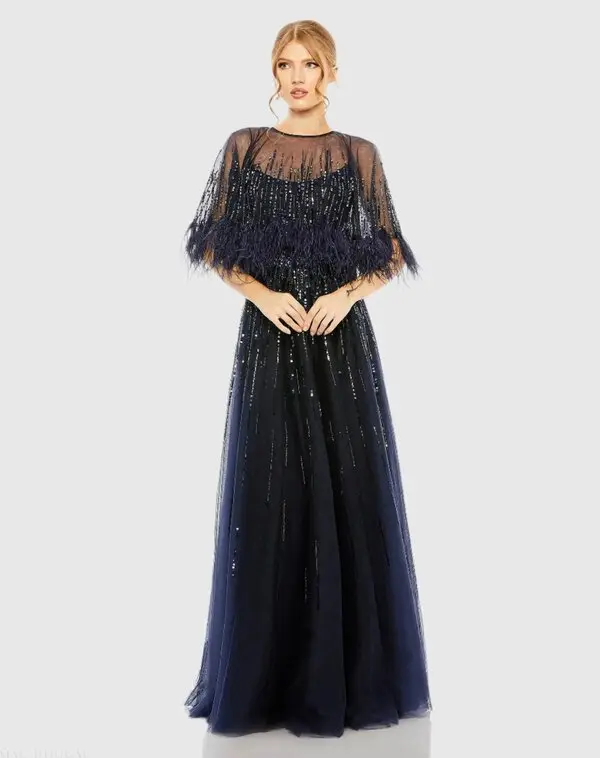 Mac Duggal Embellished A-line Gown With Feather Detail Cape - Blue