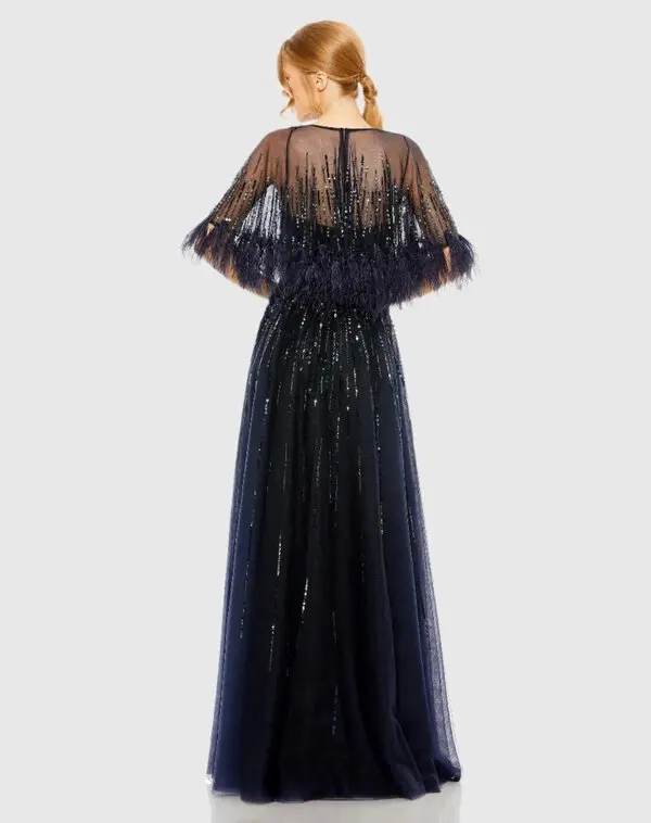 Mac Duggal Embellished A-line Gown With Feather Detail Cape - Blue