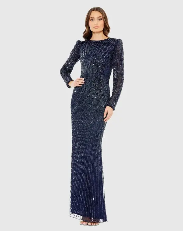 Mac Duggal Sequin Embellished High Neck Long Sleeve Column Gown