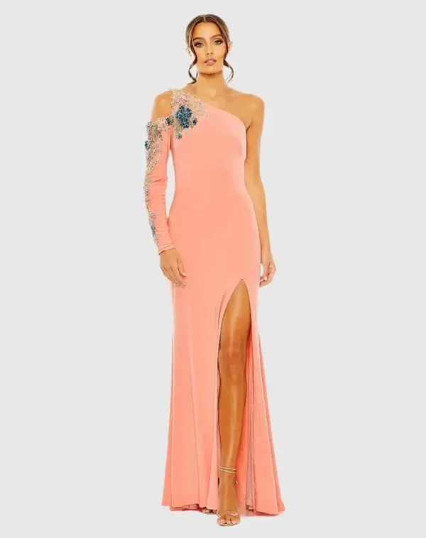 Mac Duggal Floral Embellished One Shoulder Gown - Pink