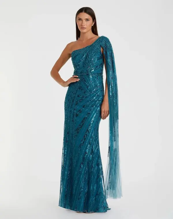 Mac Duggal One-shoulder Cape Sleeve Embellished Gown - Blue