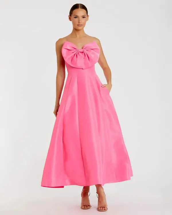 Mac Duggal Strapless A-line Tea Length Dress With Bow - Pink
