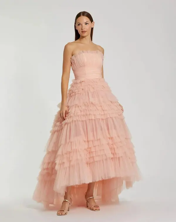 Mac Duggal Strapless Tulle Ruffle Gown - Pink