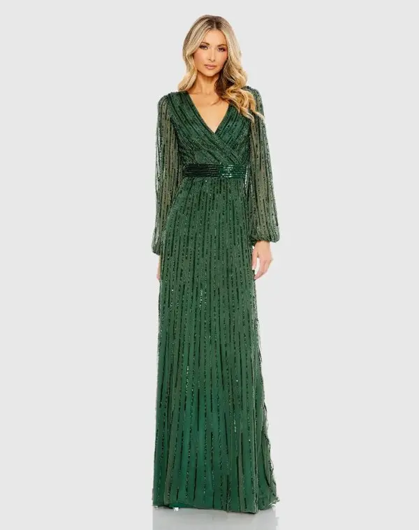 Mac Duggal Sequin-embellished Mesh Gown With Puff Sleeves