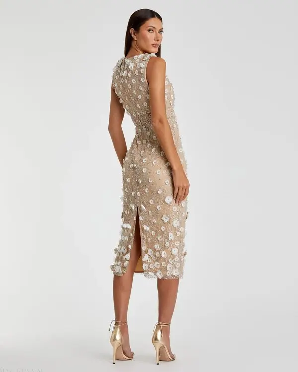Mac Duggal Floral Applique Lace Sleeveless Midi Dress - Neutral |  Editorialist