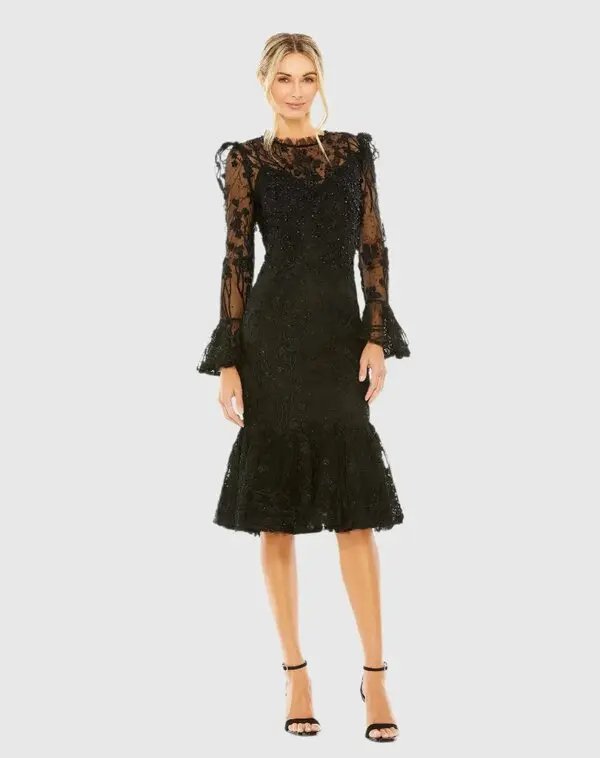Mac Duggal Long Sleeve Embroidered Midi Dress