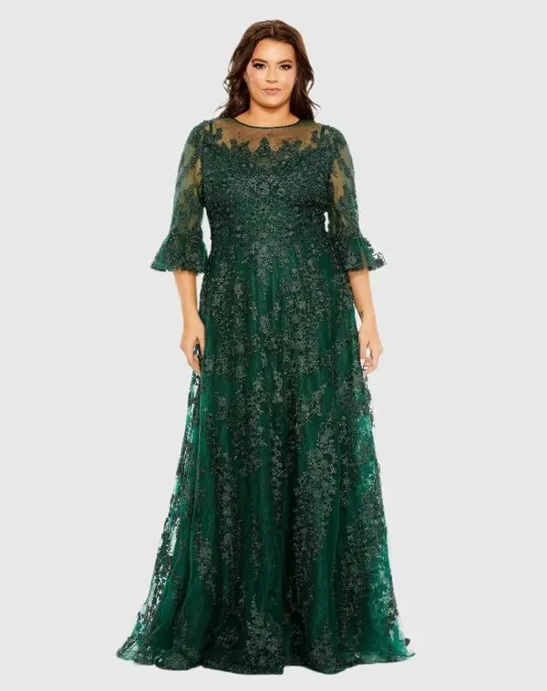 Mac Duggal Embroidered A-line Gown With Flutter Sleeves - Green