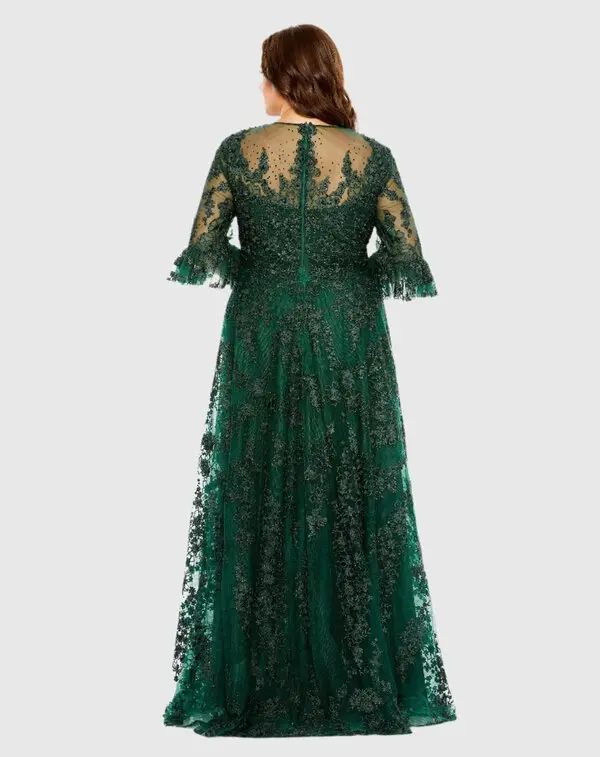 Mac Duggal Embroidered A-line Gown With Flutter Sleeves - Green