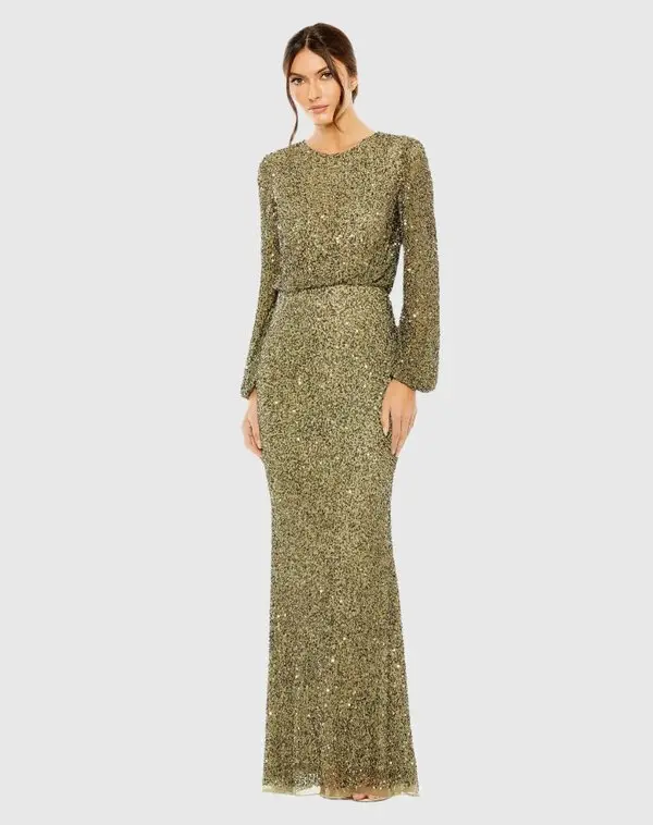 Mac Duggal High Neck Long Sleeve Beaded Blouson Gown - Green
