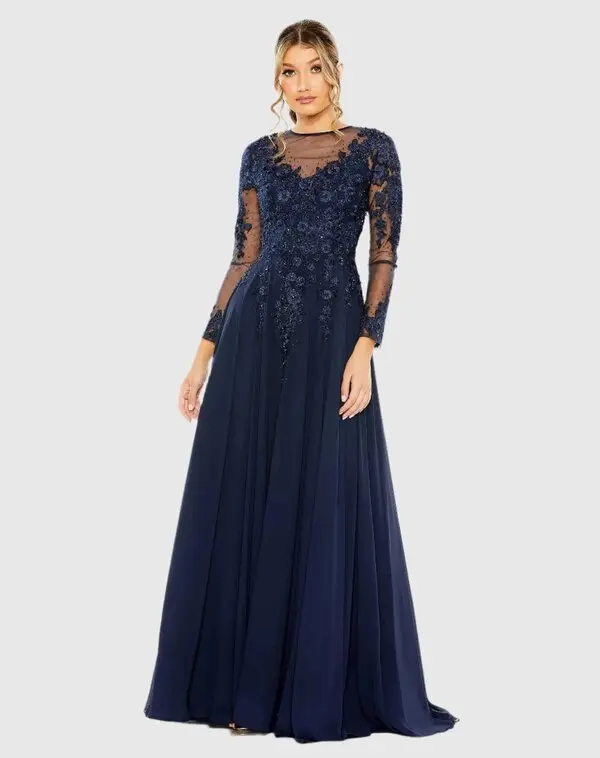 Mac Duggal High Neck Long Sleeve Embellished A-line Gown